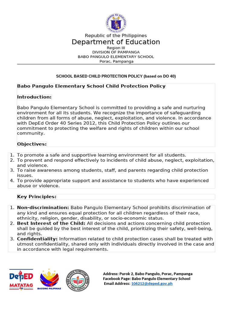 School Based Child Protection Policy (Based On Do 40 | PDF | Child ...