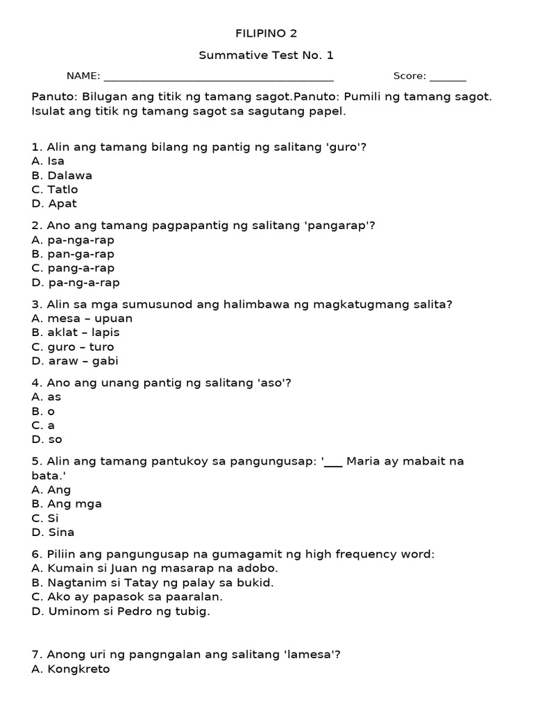 Filipino 2 Summative Test q2 w1-w2 | PDF