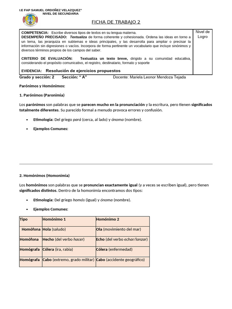 FICHA 8 Homonimos y Paronimos | PDF | Semántica léxica | Lexicología