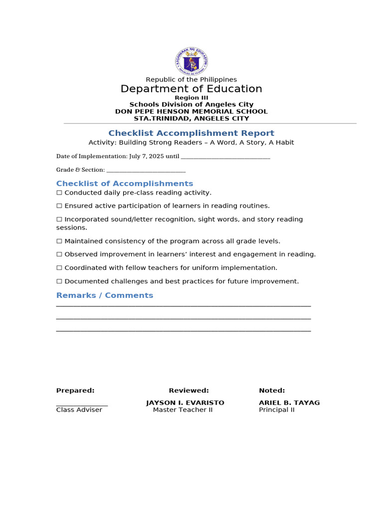 Building Strong Readers Checklist Report | PDF