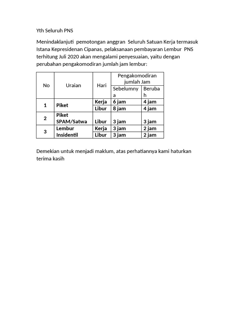 Penyesuaian Jam Lembur PNS Juli 2020 | PDF