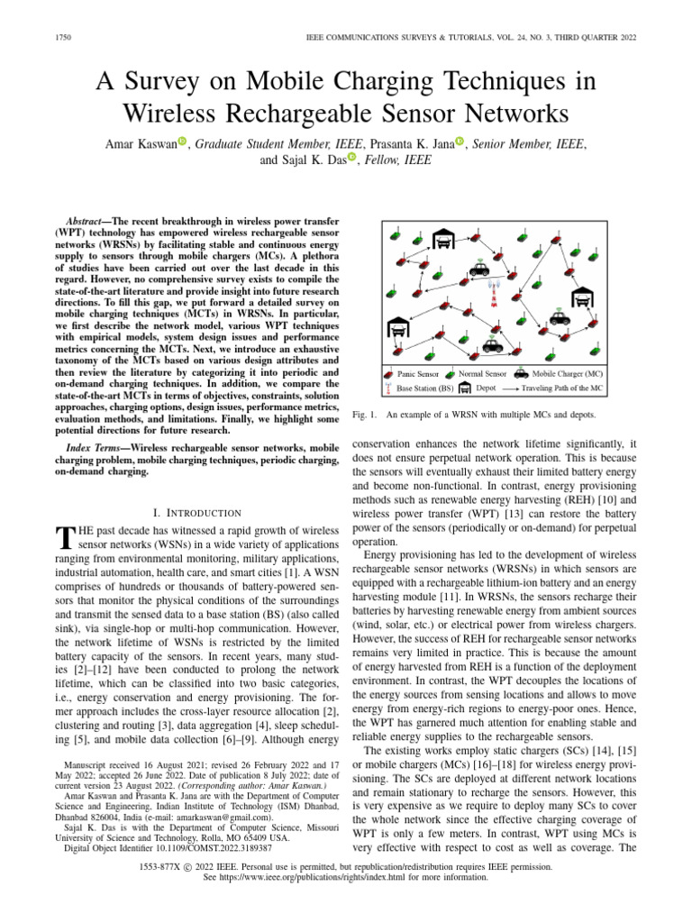 A Survey On Mobile Charging Techniques in Wireless Rechargeable Sensor ...