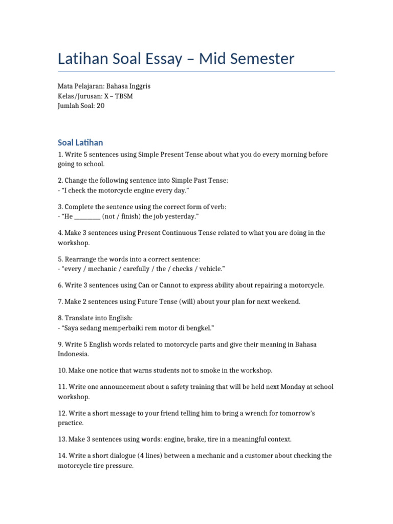 Latihan Soal Mid Semester Bahasa Inggris X TBSM | PDF