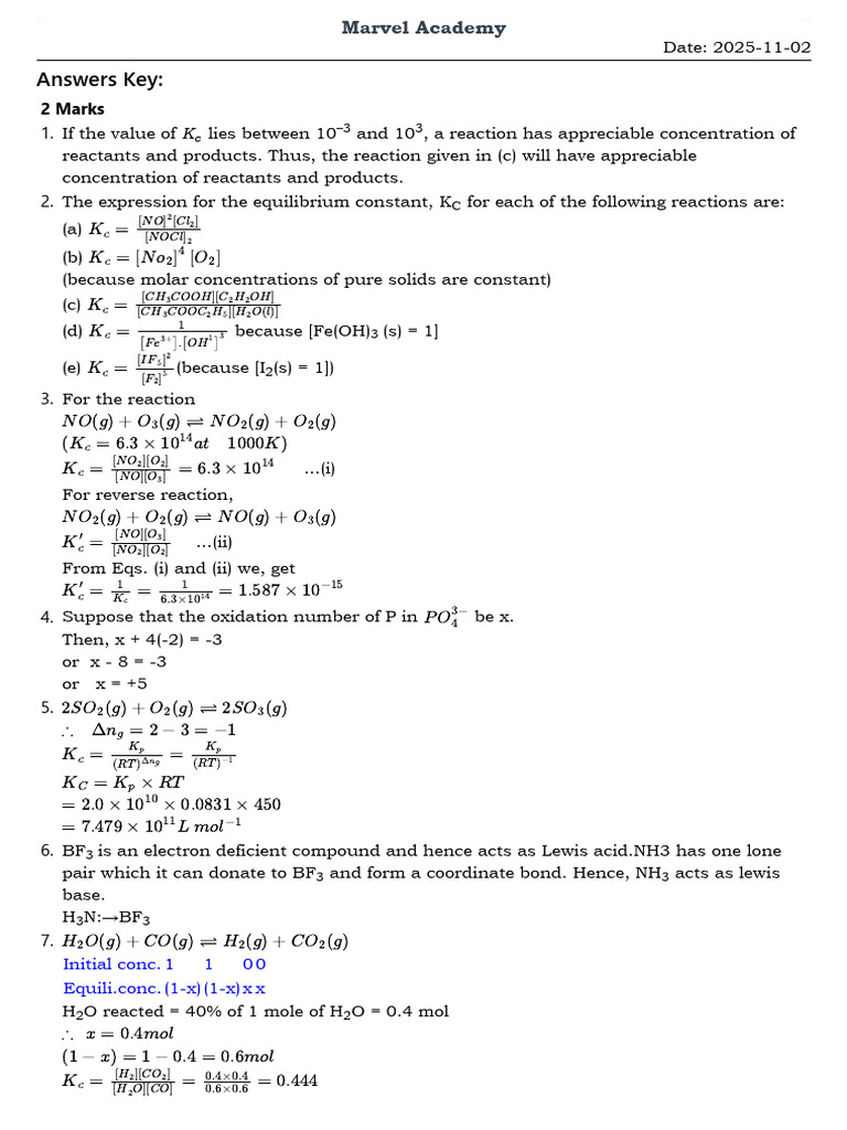 Chemistry - Equilibrium - Important Questions Answer Key For Reference ...