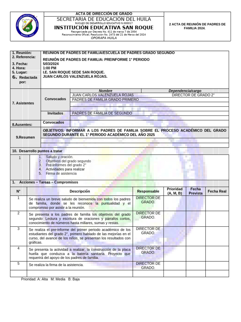 42acta de Reunión de Padres Preinformes 1 Periodo | PDF