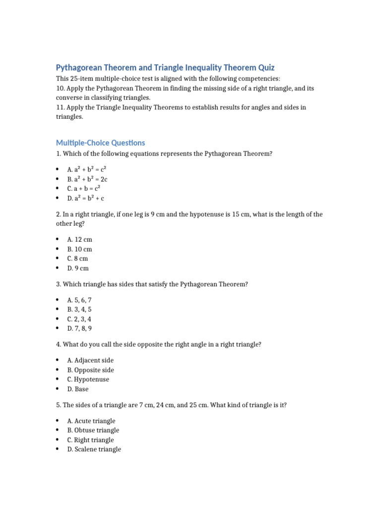 Pythagorean & Triangle Inequality Quiz | PDF