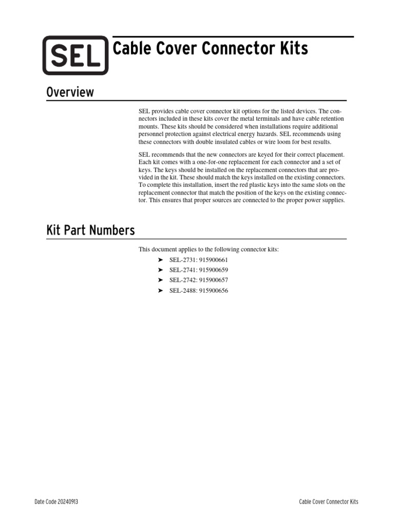 SEL Cable Cover Connector Kits Guide | PDF | Electrical Connector ...