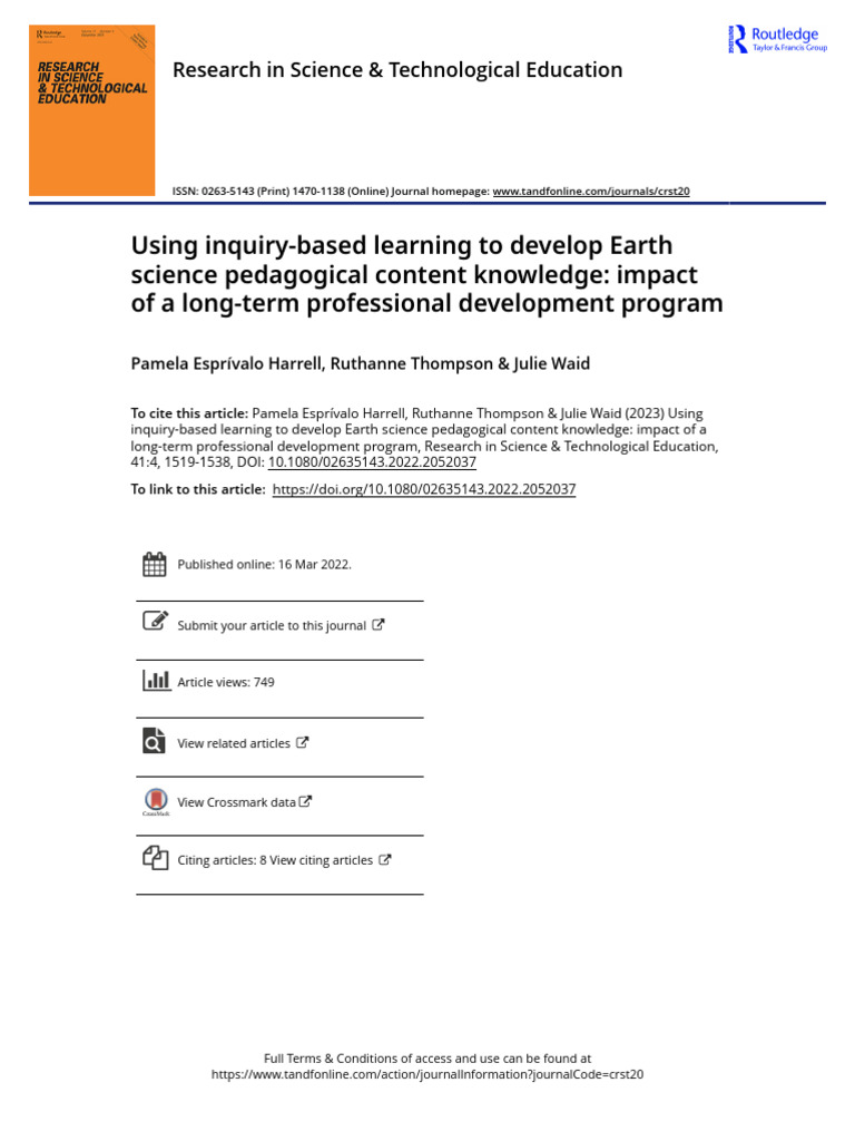 Using Inquiry-Based Learning To Develop Earth Science Pedagogical Content Knowledge Impact of A ...