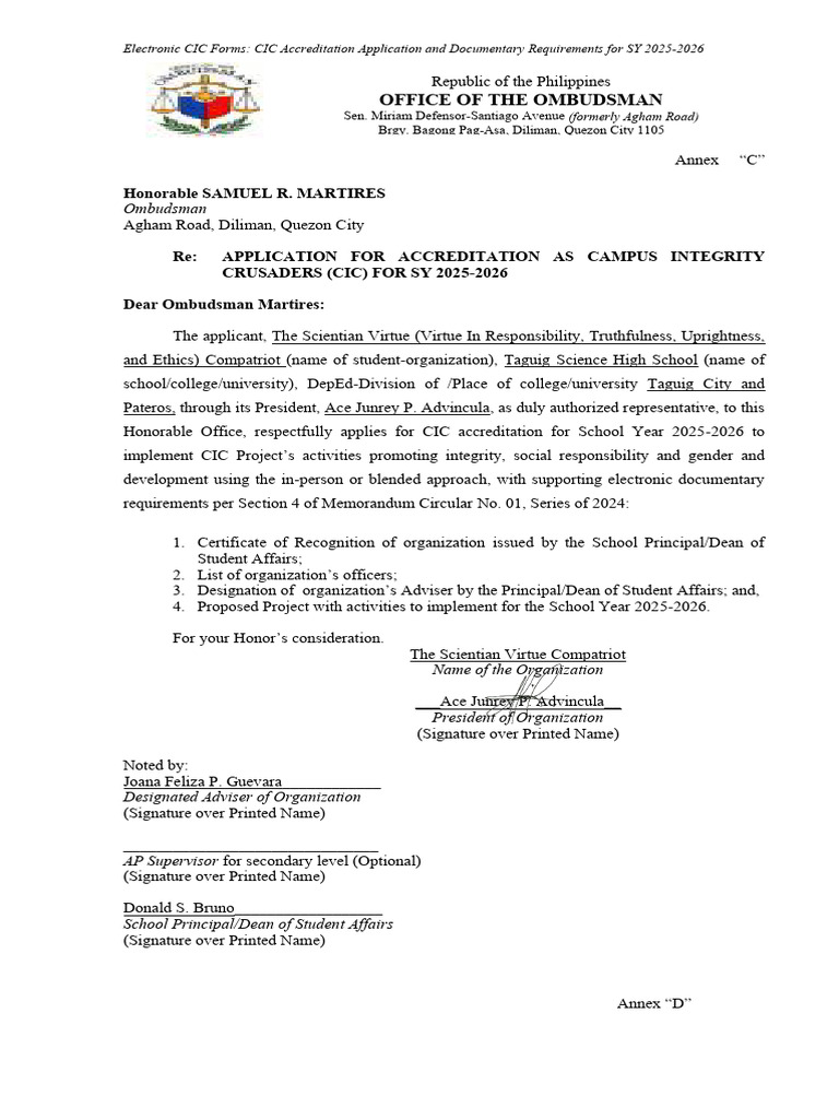 Annexes C To G - CIC Application Letter and Supporting Docs New Application - The Scientian ...