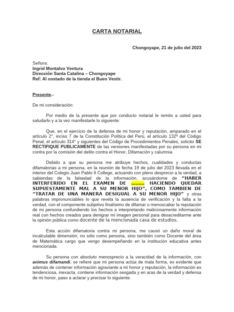 Carta Notarial Por Difamación | PDF | Justicia | Crimen y violencia
