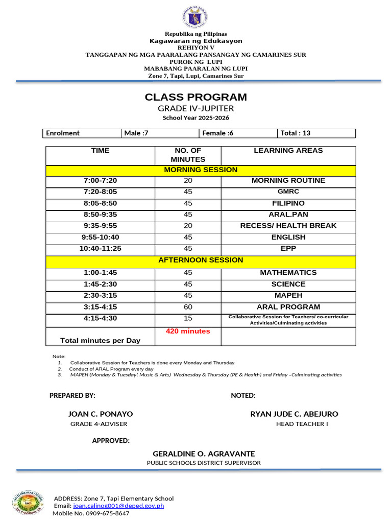 Grade 4 Class Program Jupiter Pdf Philippines Asia