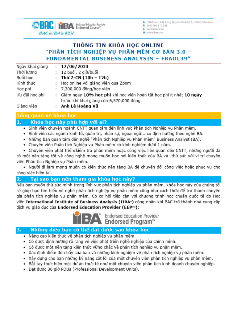 BAC - Thông Tin Khoá Học BA Cơ Bản Online FBAOL39 (7CN) Le Hoang Vu ...