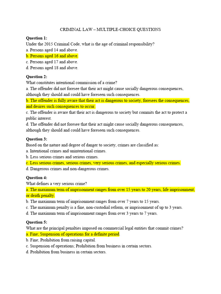 Criminal Law Multiple-Choice Questions | PDF | Crimes | Crime & Violence
