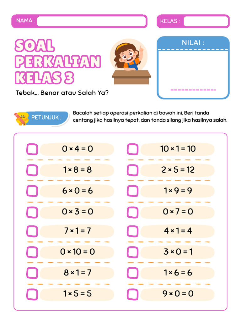 Perkalian Benar Atau Salah Lembar Kerja Warna Putih Ungu Ilustratif ...