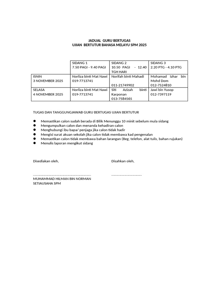 Jadual Guru Bertugas Ubbm Spm 2025 | PDF