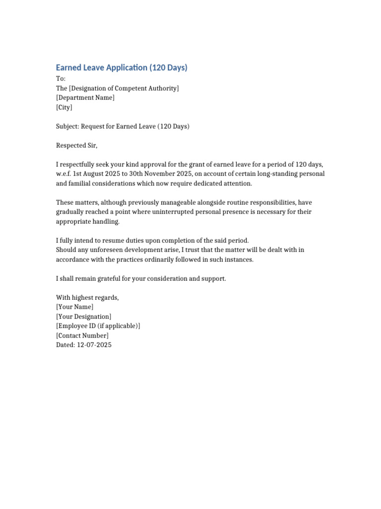 120-Day Earned Leave Request Template | PDF