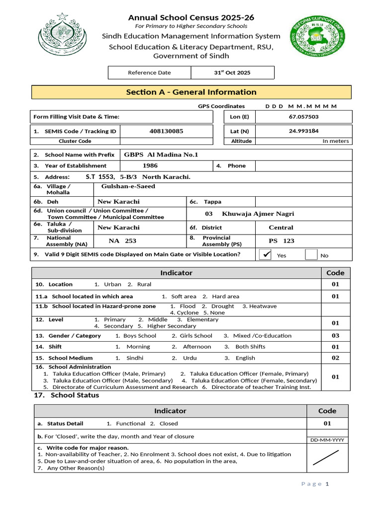 Proforma For Annual Schools Census 2025-26 Al Madina | PDF