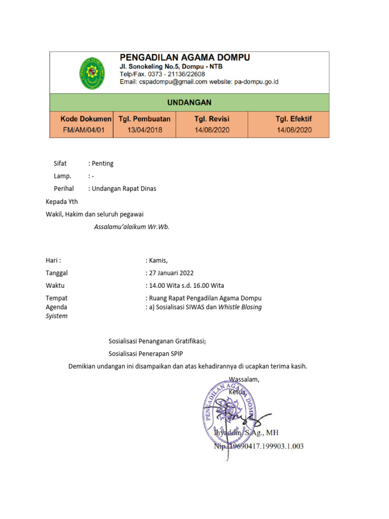 Undangan Rapat Sosialisasi PA Dompu | PDF
