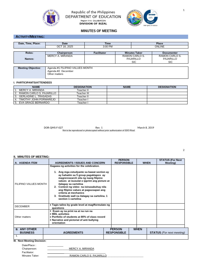 Meeting Minutes: Filipino Values Month | PDF | Philippines