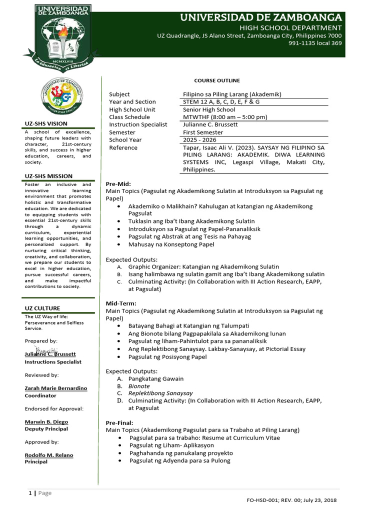 Course Outline SHS Brussett Julianne | PDF | Behavior Modification ...