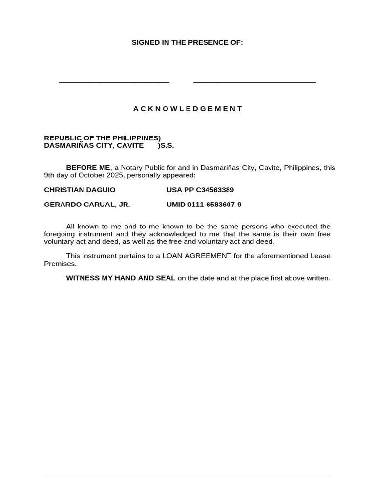 Acknowledgement For Contracts Christian Daguio | PDF