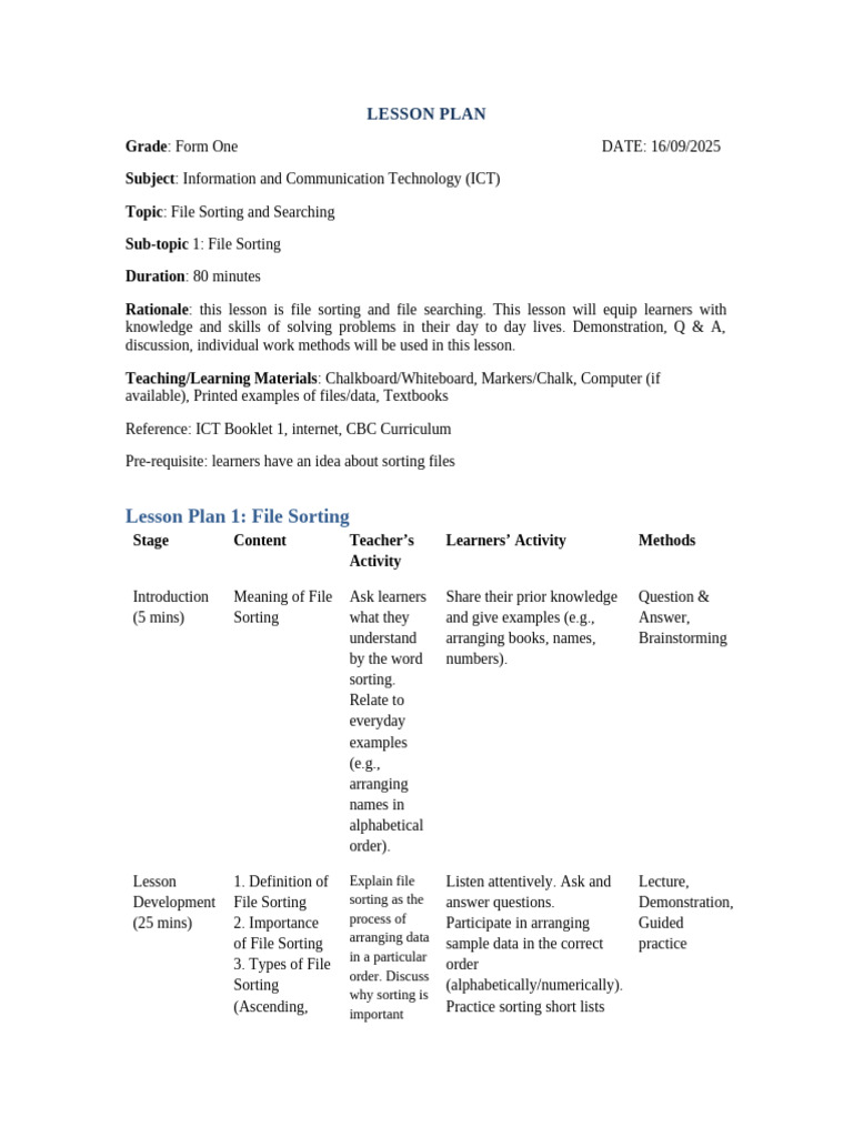 Form One ICT File Sorting and Searching Lesson Plans | PDF | Educational Technology | Lesson Plan