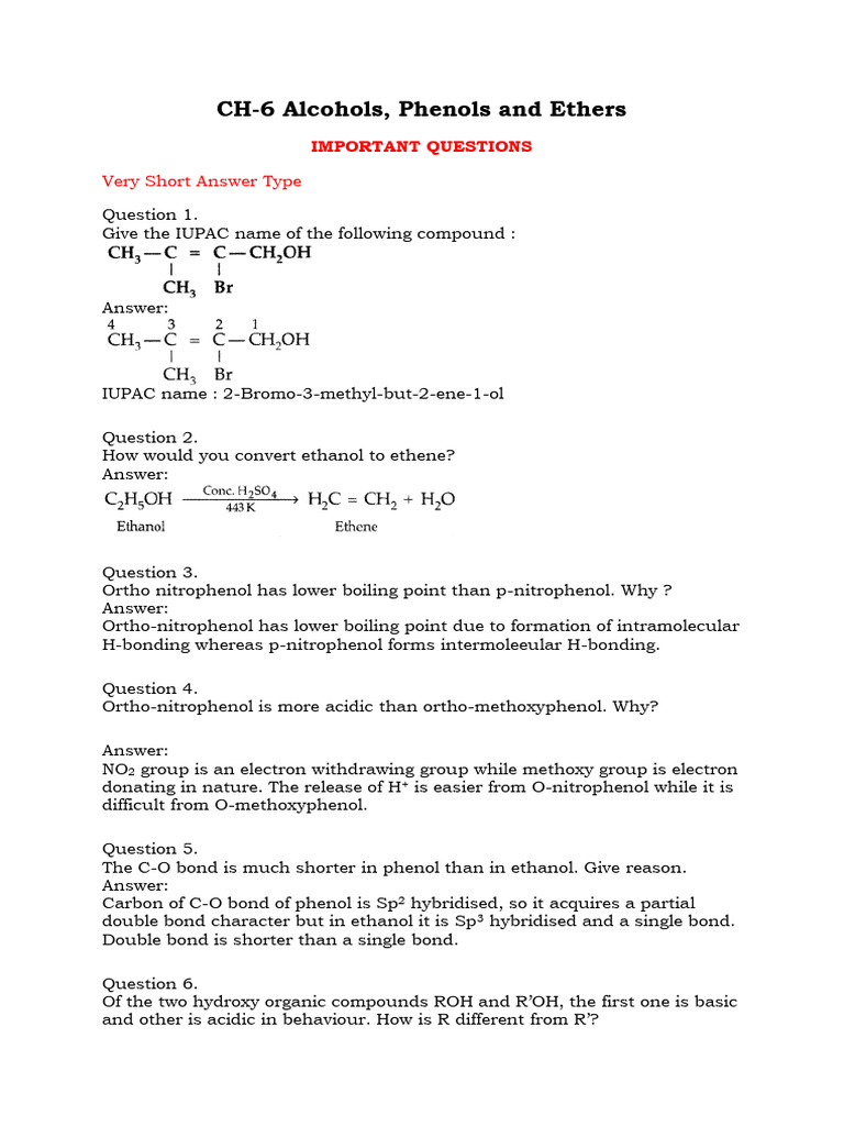 CH-6 - QP - Alcohols, Phenols and Ethers-1 | PDF | Chemical Reactions ...