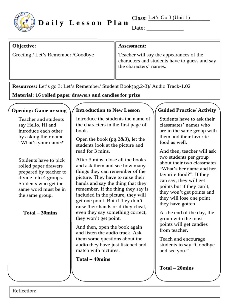 Daily Lesson Plan for Let’s Go 3 Unit 1 | PDF | Learning | Human ...