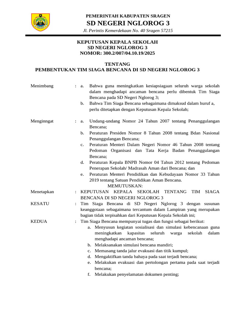SK Tim Siaga Bencana SD Negeri Nglorog 3 | PDF