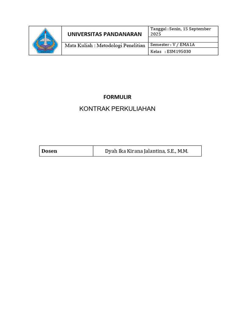 Kontrak Perkuliahan Metodologi Penelitian Kls A | PDF