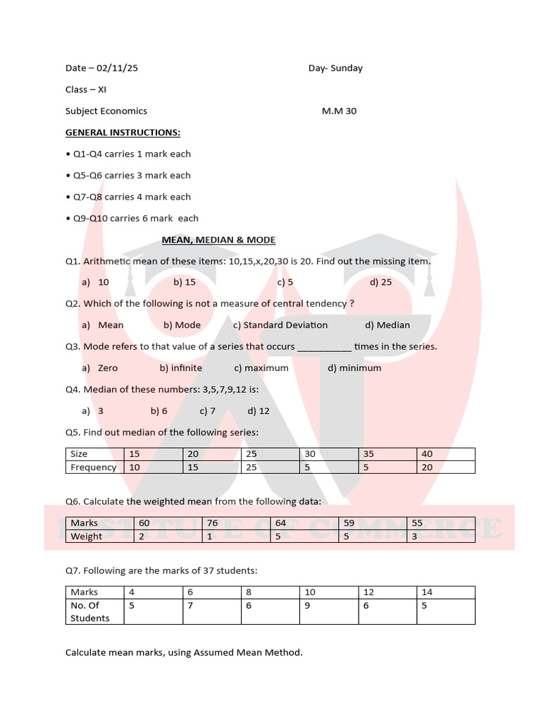 XI Stats Question PPR | PDF