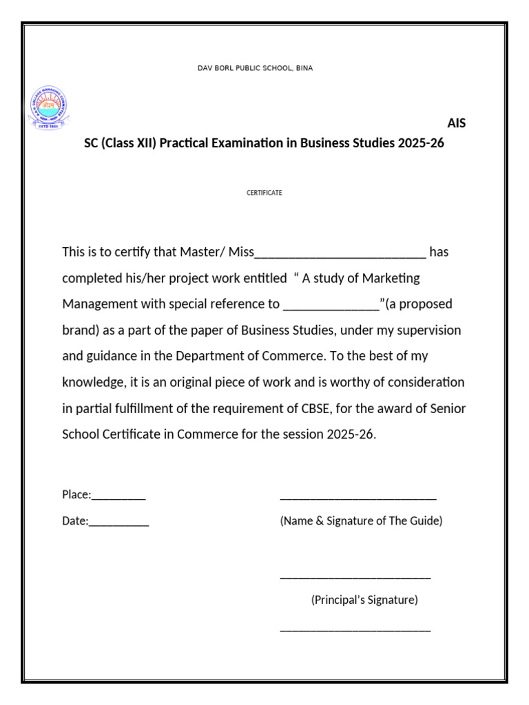 Certificate For Project Work | PDF
