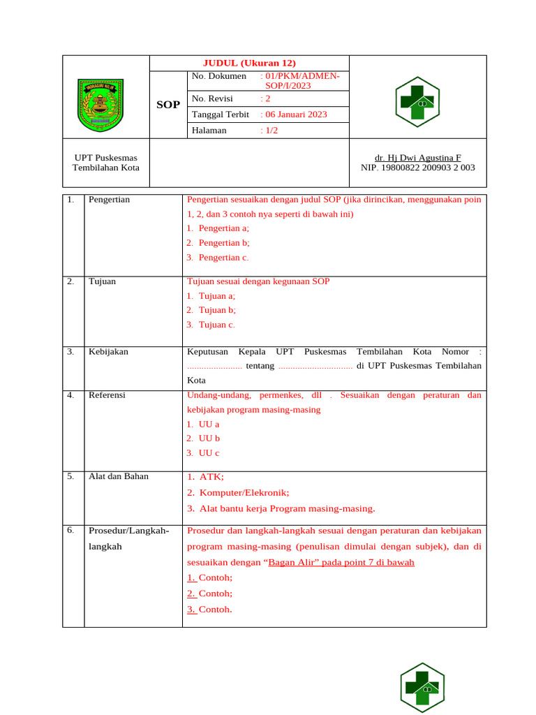 Template SOP ADA REVISI - UPT Puskesmas Tembilahan Kota Ok | PDF