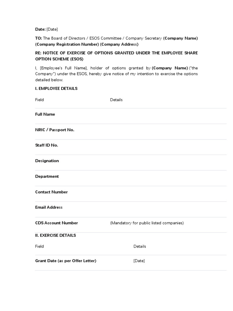 ESOS Options Exercise Notice Template | PDF | Cheque | Passport