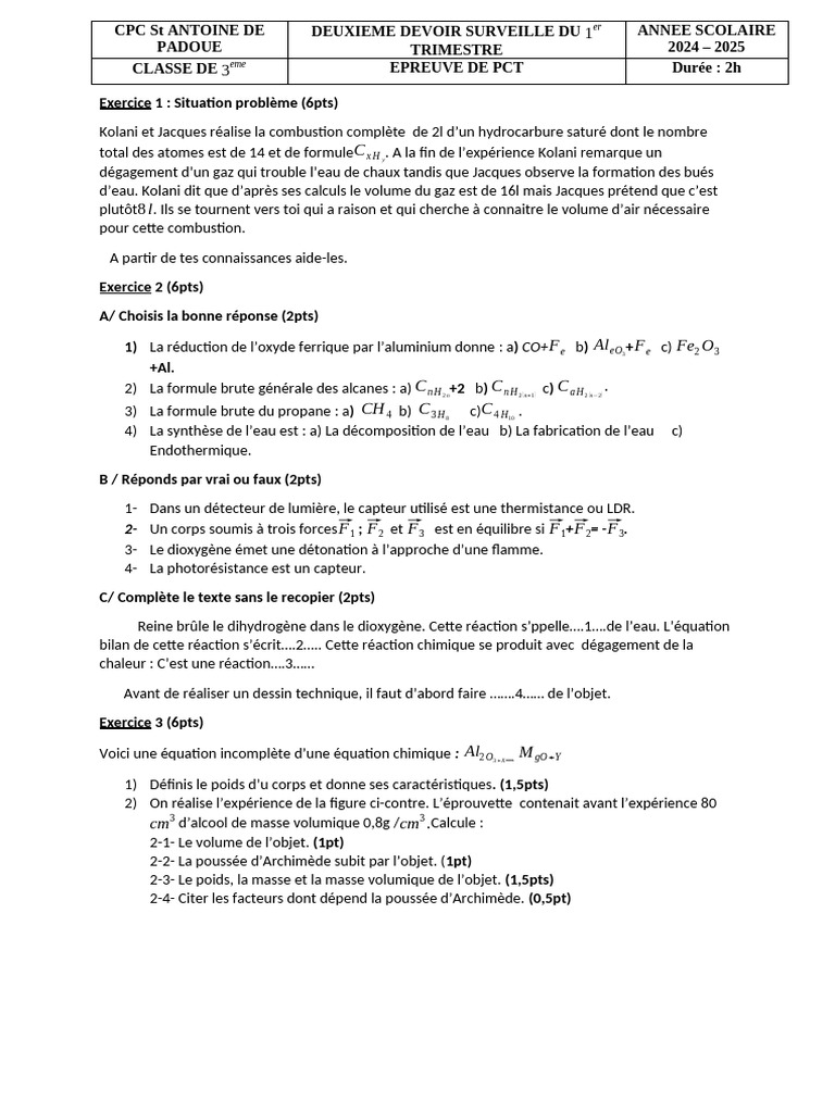 Exercice de chimie : combustion et équations | PDF | Alcane ...