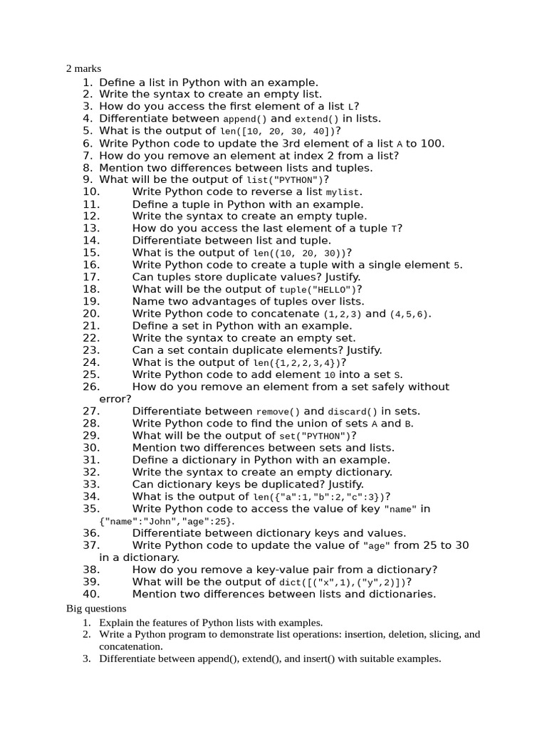 Question Bank on Built in Data Structures in PYTHON | PDF | Python (Programming Language) | Data