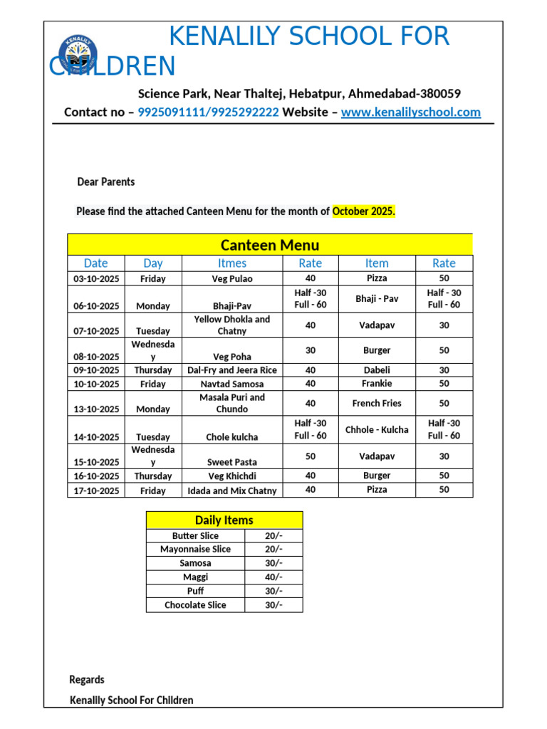October 2025 Canteen Menu for Kenalily | PDF | Foods | Prepared Foods