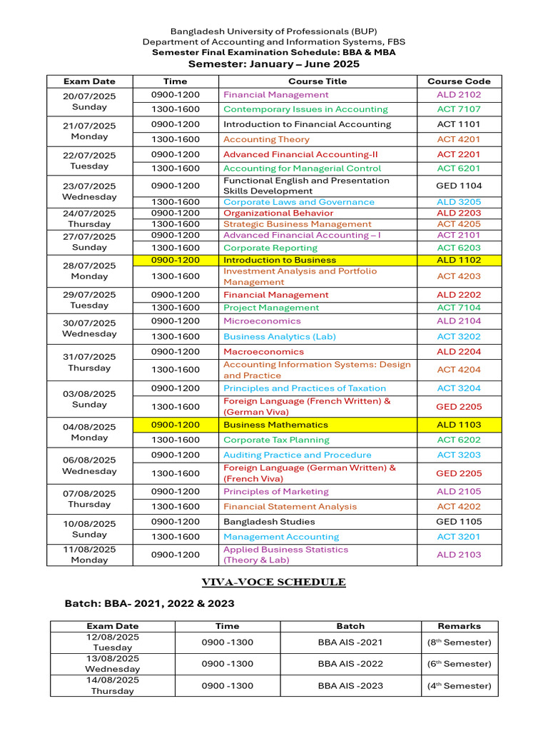 BUP BBA & MBA Exam Schedule 2025 | PDF | Accounting | Academic Term
