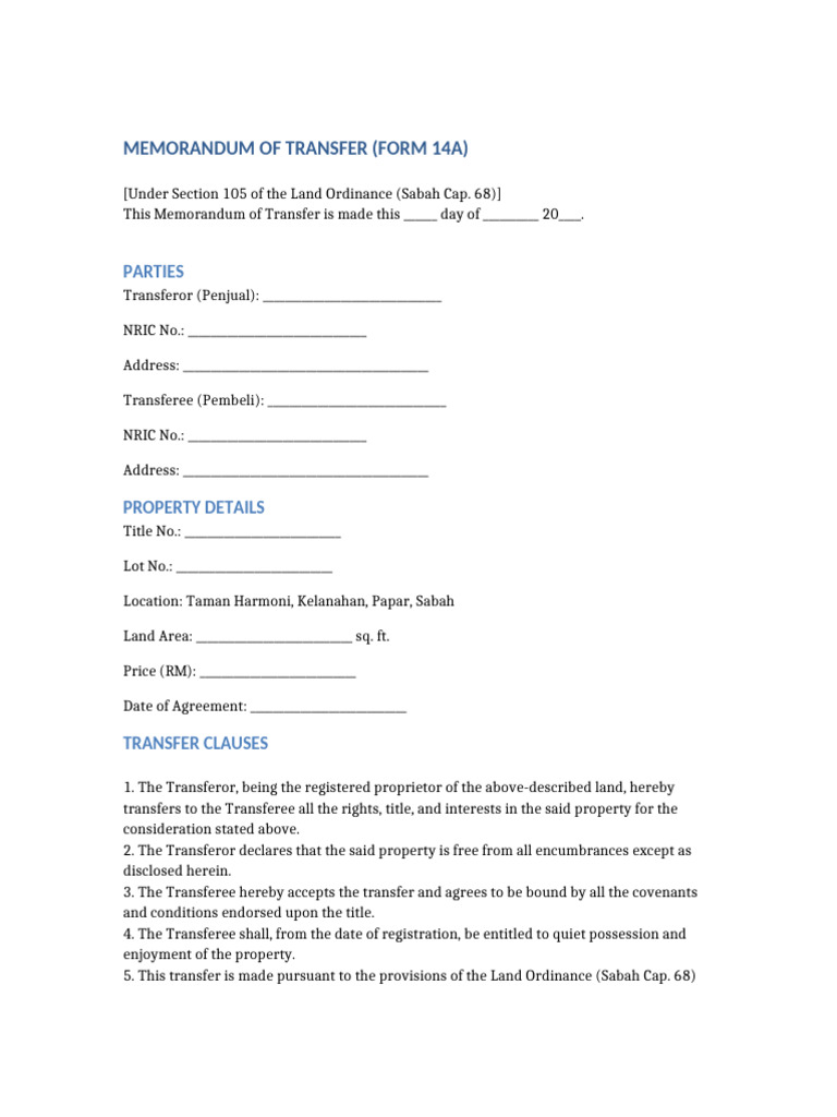 Sabah Memorandum of Transfer Template | PDF | Civil Law (Common Law ...
