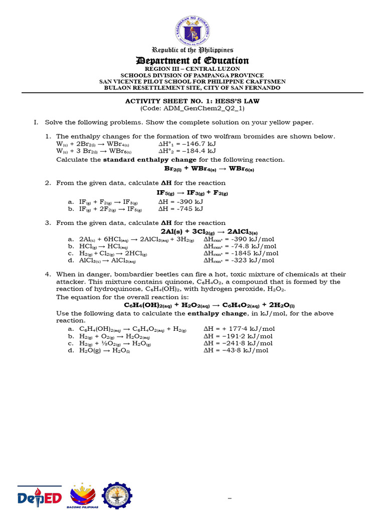 HESS'S LAW Activity Sheet for Chemistry | PDF | Hydrogen Peroxide ...
