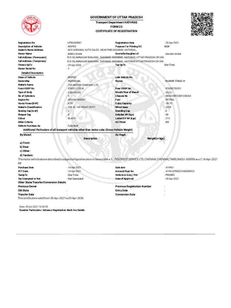 UP Transport Department Vehicle Registration Certificate | PDF ...