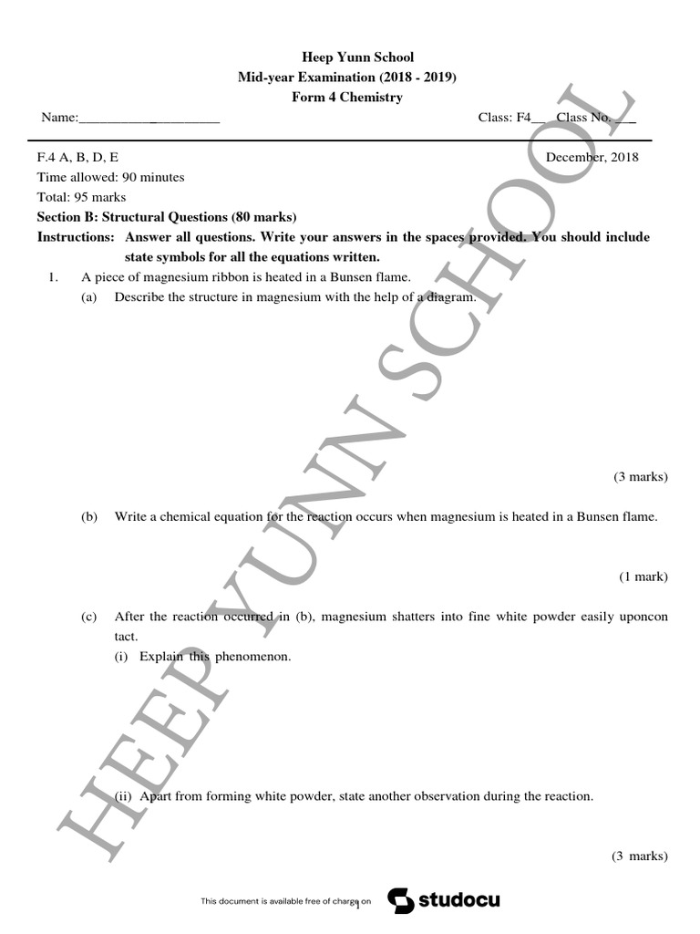 Heep Yunn School F4 Chemistry Exam 2018-19 | PDF | Lithium | Chemical ...
