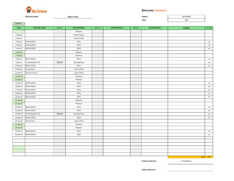 VN Timesheet 2025 Template RE02-Duong-Sep Rev00 | PDF