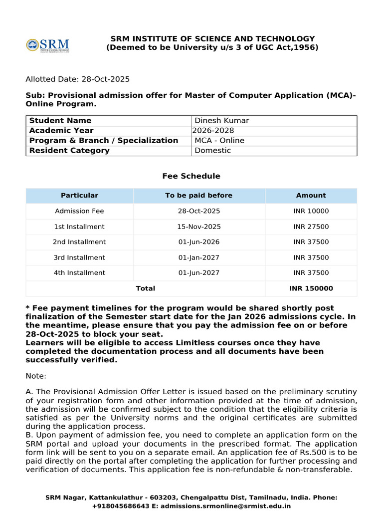 Dinesh Kumar - Offer Letter - SRM-MCA-Online | PDF | University And ...
