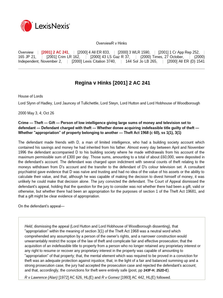 R v Hinks: Theft and Appropriation Law | PDF | Theft | Justice