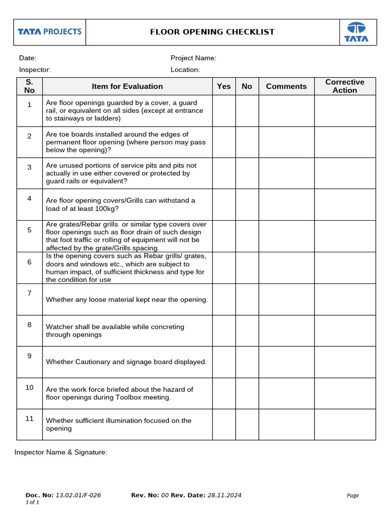 13.02.01 F-026 Floor Opening Checklist R0 | PDF