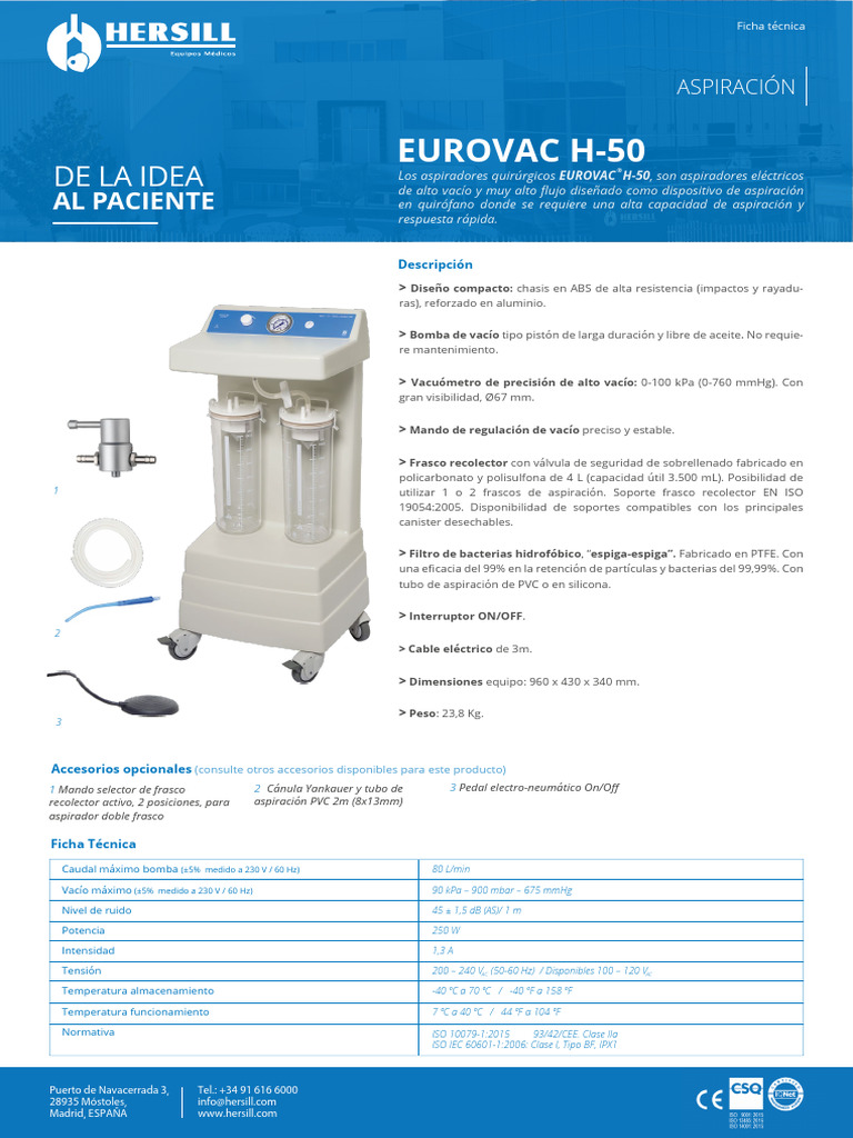 Aspirador Quirúrgico EUROVAC H-50: Ficha Técnica | PDF