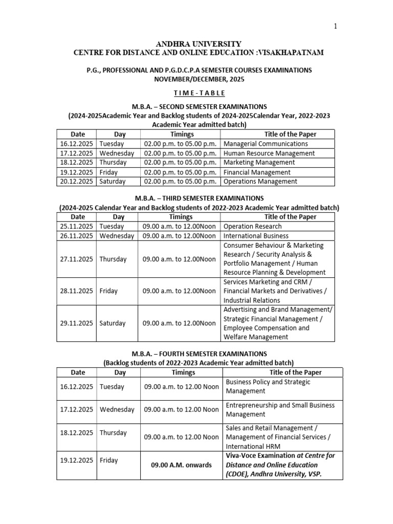 PG Semester Time Table Withbacklogstudents Nov2025 | PDF | Academic ...