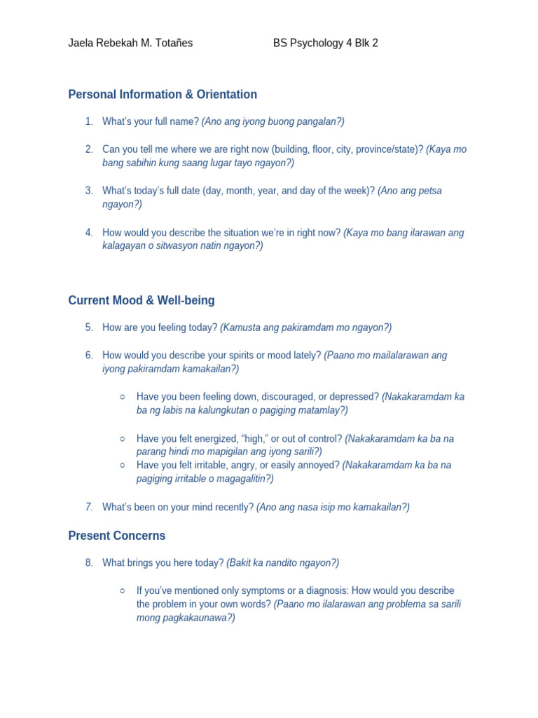 Personal Assessment Questionnaire for Psychology | PDF | Emotions ...