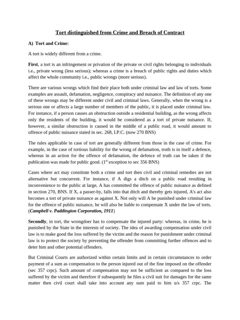 Distinguishing Tort, Crime, and Contract | PDF | Tort | Damages